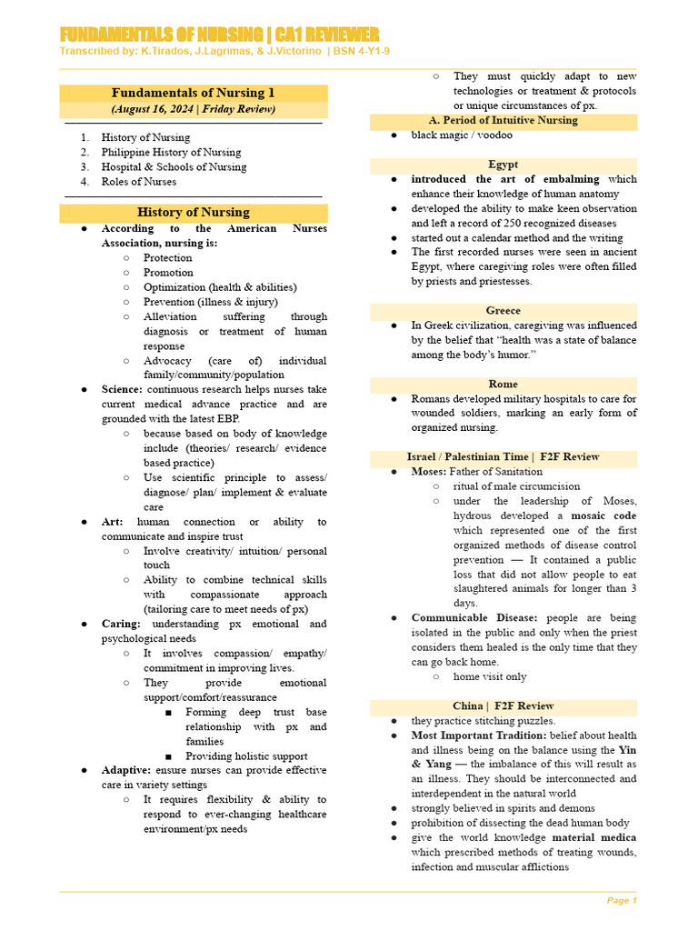 Day 1 Fundamentals - Ca1 Review | PDF | Nursing | Health Care