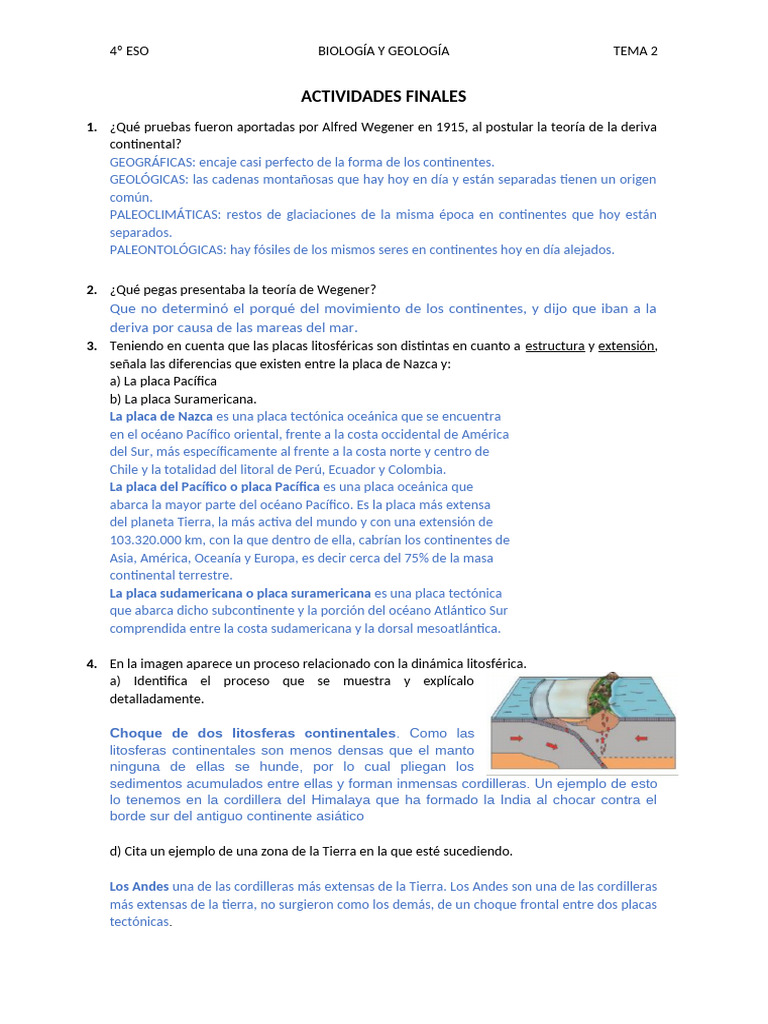 ACTIVIDADES FINAL T2. TectÃ Nica de Placas | PDF | Placas tectónicas | Continente