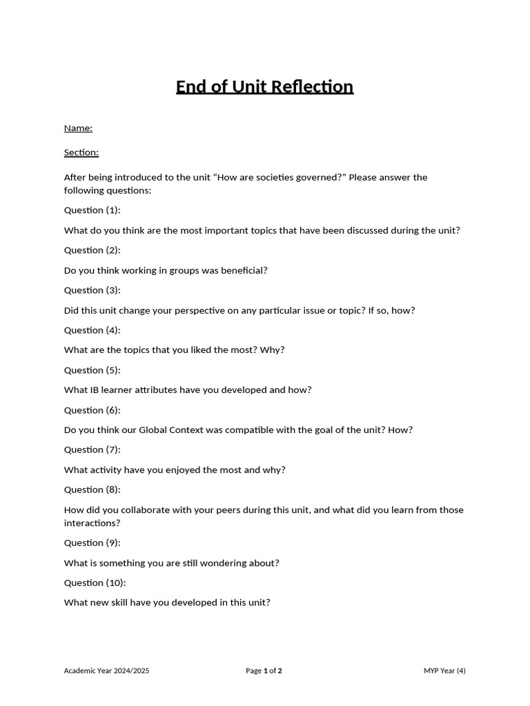 End of Unit Reflection Original | PDF