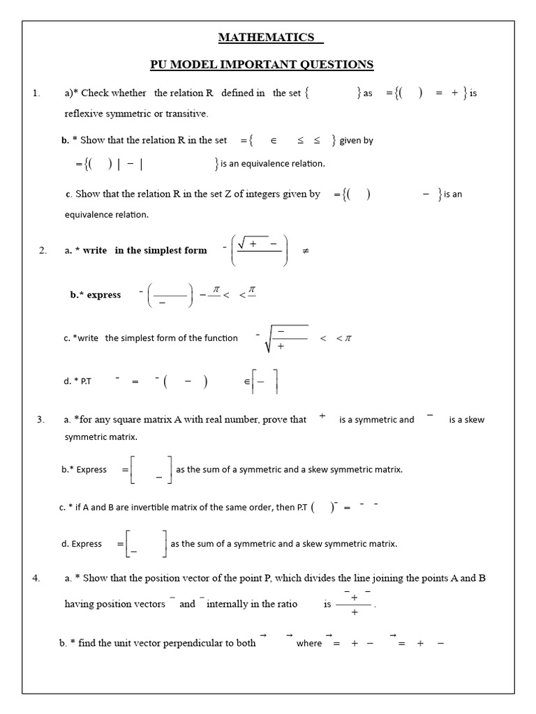 Mathematics Important Questions For Weekend Exam (31!08!2024) | PDF | Algebra | Mathematics