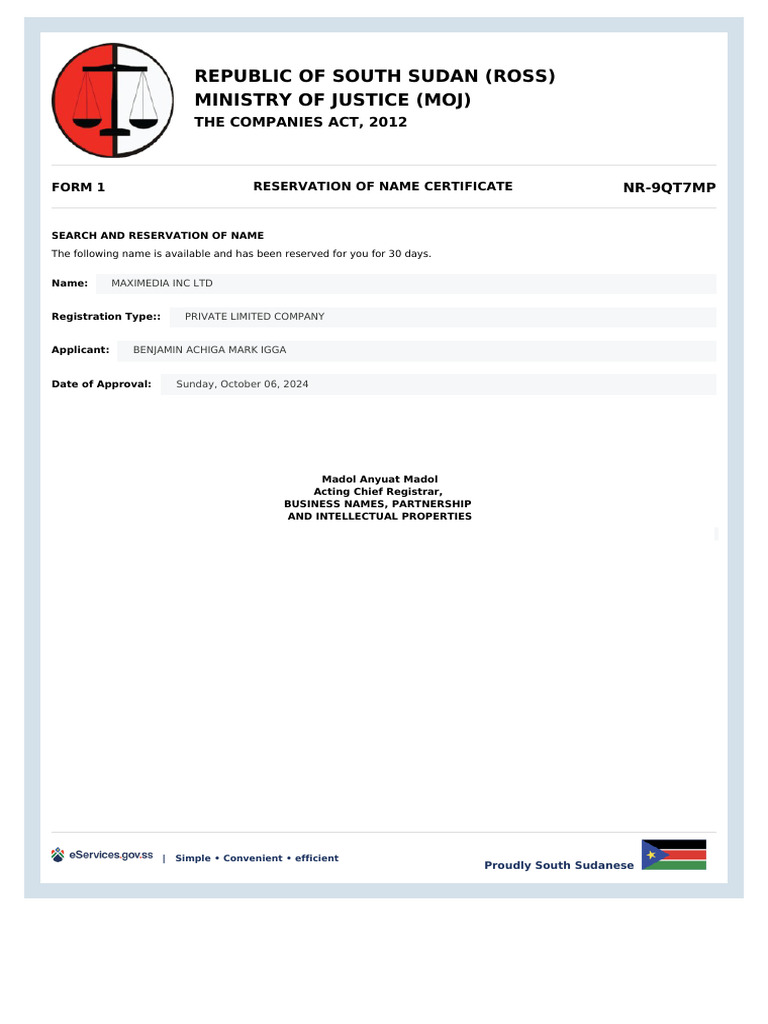 NR-9QT7MP-Name Reservation Certificate | PDF