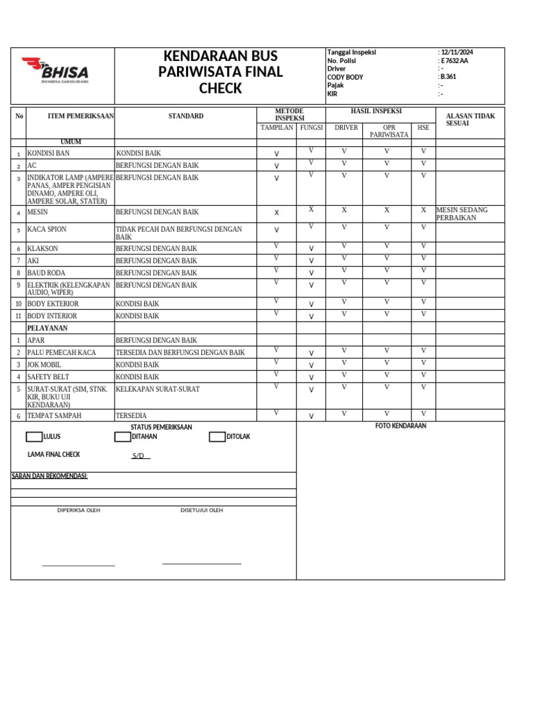 Form Checklist Armada Pariwisata (B. 361) | PDF