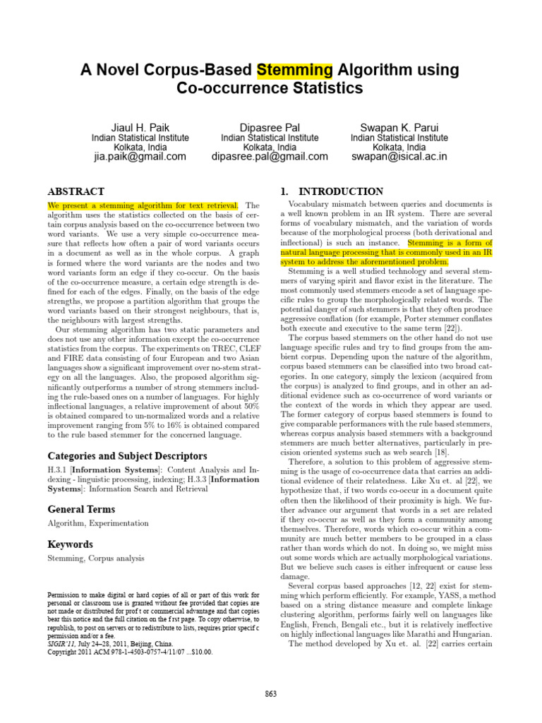 A novel corpus-based stemming algorithm using co-occurrence statistics ... A novel corpus-based stemming algorithm using co-occurrence statistics ...