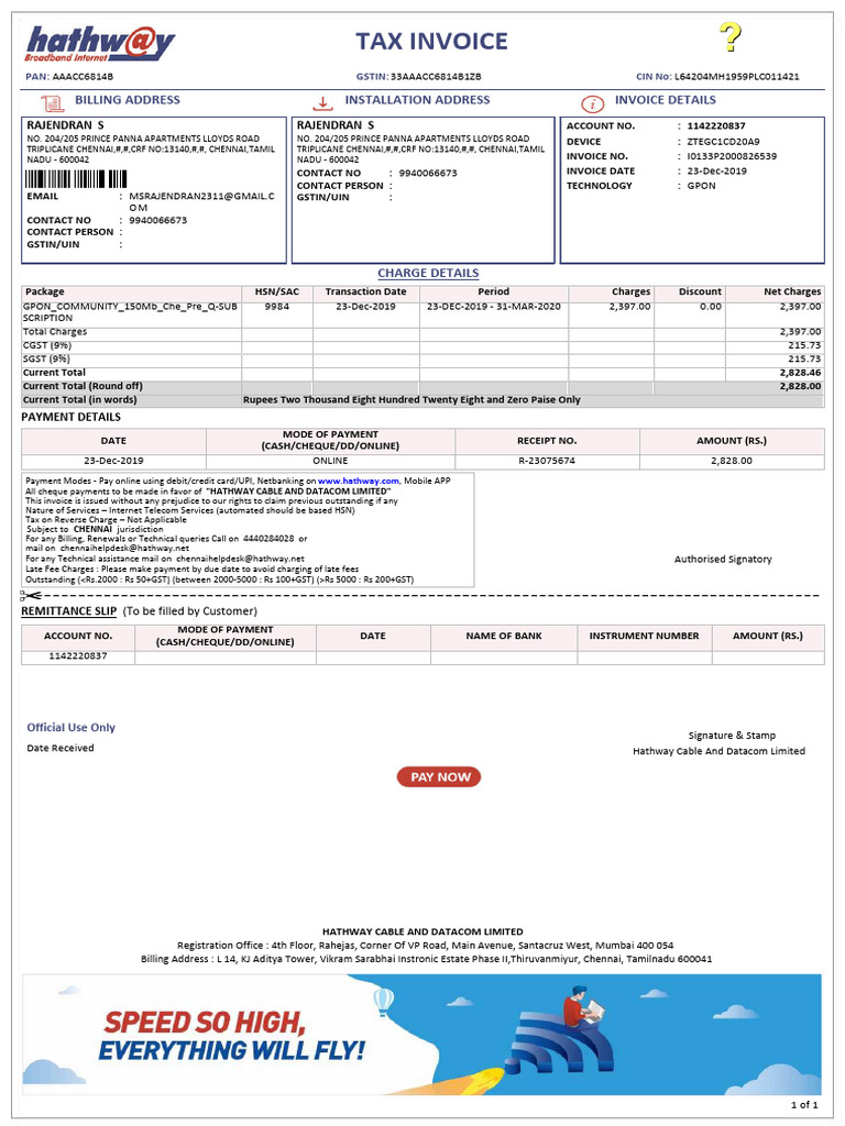 Chennai Hathway Internet Invoice | PDF | Payments | Cheque