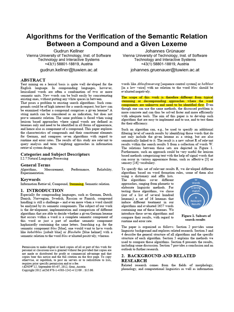 Algorithms For The Verification of The Semantic Relation Between A Compound and A Given Lexeme ...