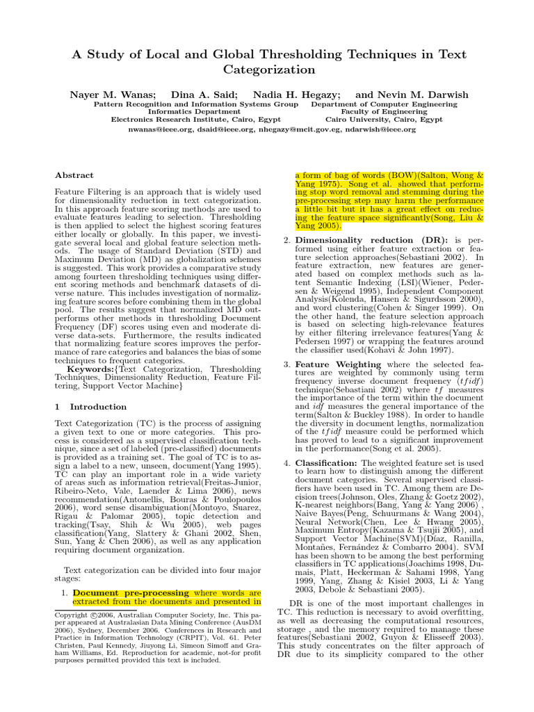 A Study of Local and Global Thresholding Techniques in Text Categorization | PDF | Information ...