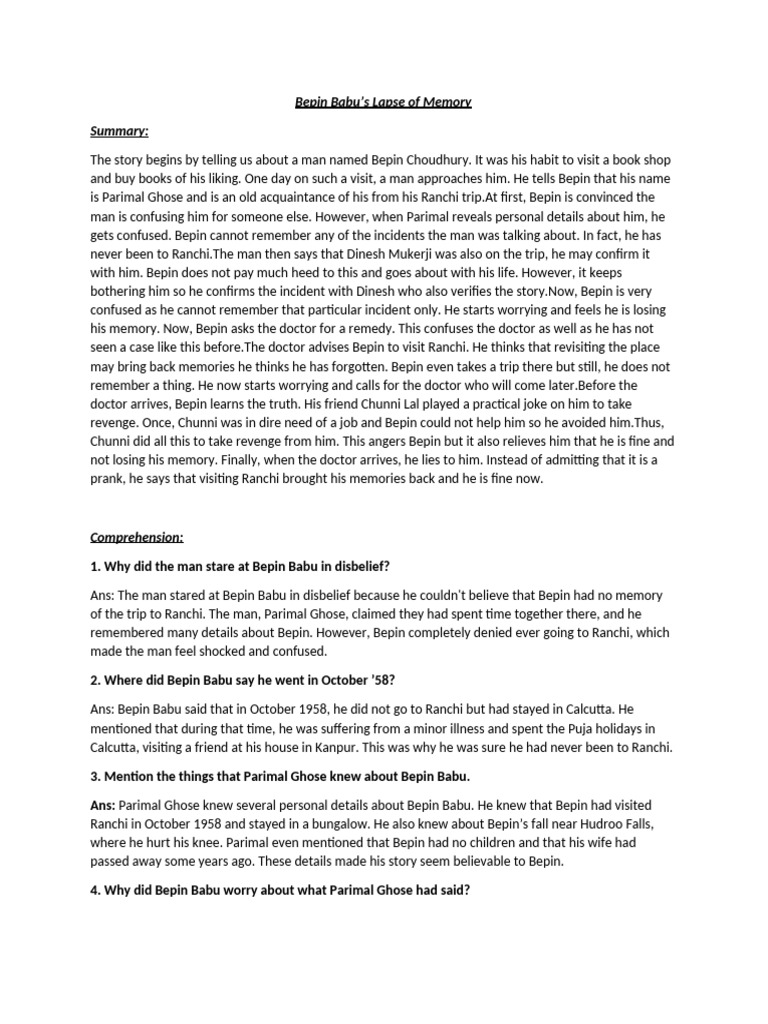 Bepin Babu's Memory and a Clever Trick | PDF | Happiness | Anxiety