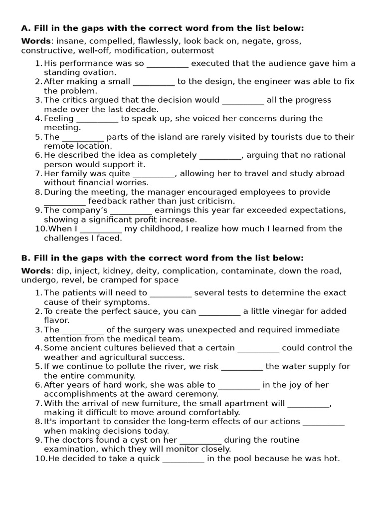 Vocabulary Gap Fill Exercises | PDF
