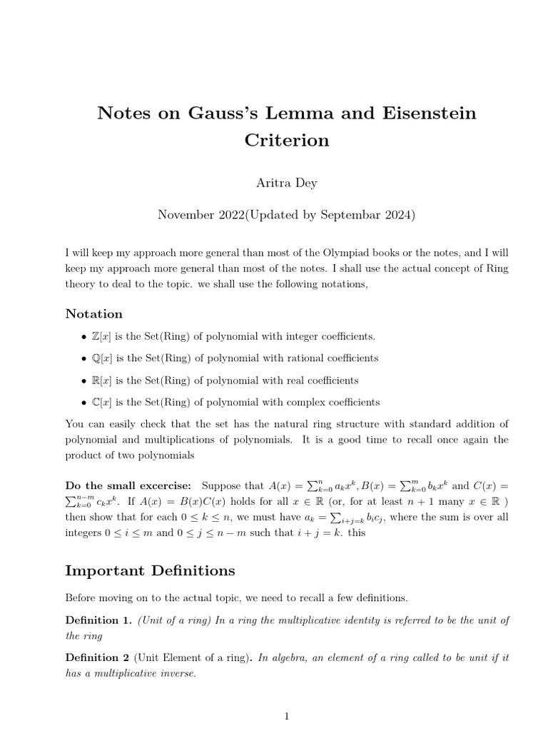 Notes On Gauss S Lemma and Eisenstein Criterion | PDF | Ring Theory ...