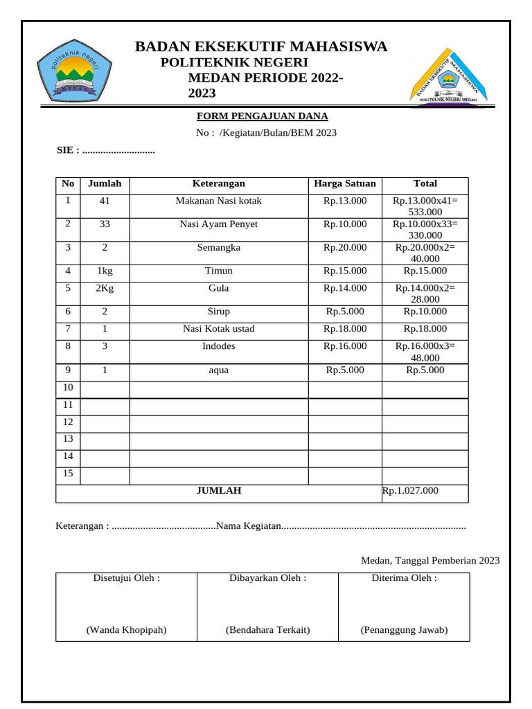 Form Pengajuan Dana 2023 Sei Konsumsi Pemas Beriman | PDF