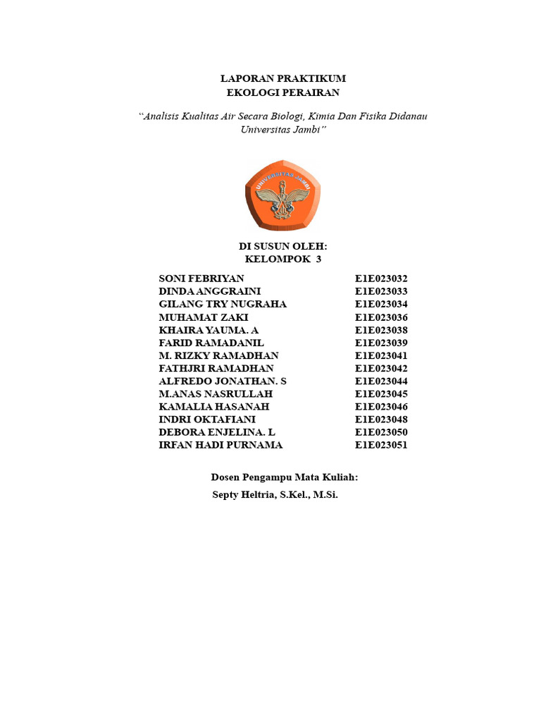 Laporan Praktikum Ekologi Perairan Kelompok 3 Danau Unja. FIKS | PDF