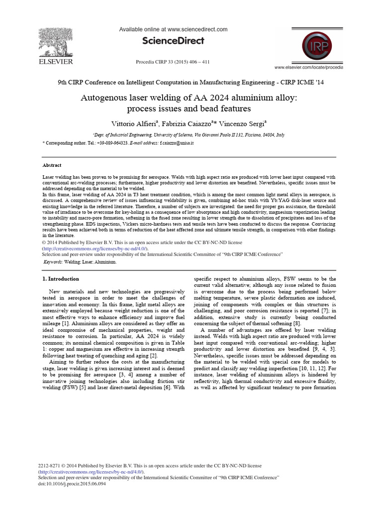 Autogenous Laser Welding of AA 2024 Aluminium Alloy Process Issues and ...