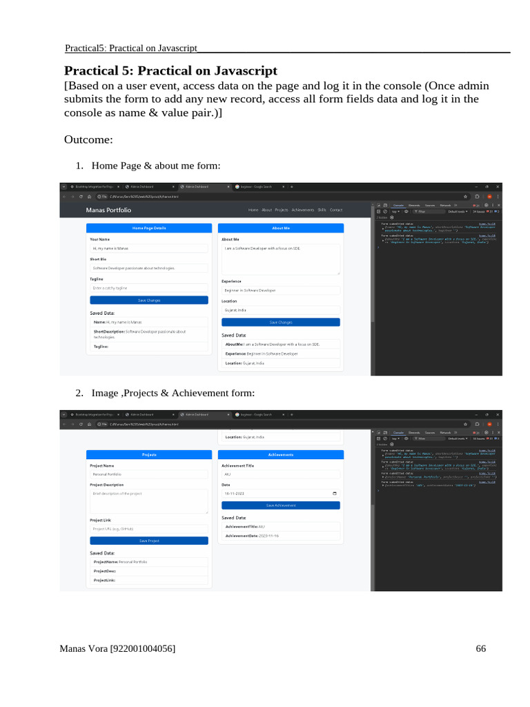 Practical 5: Practical On Javascript: 1. Home Page & About Me Form | PDF | Java Script | Software