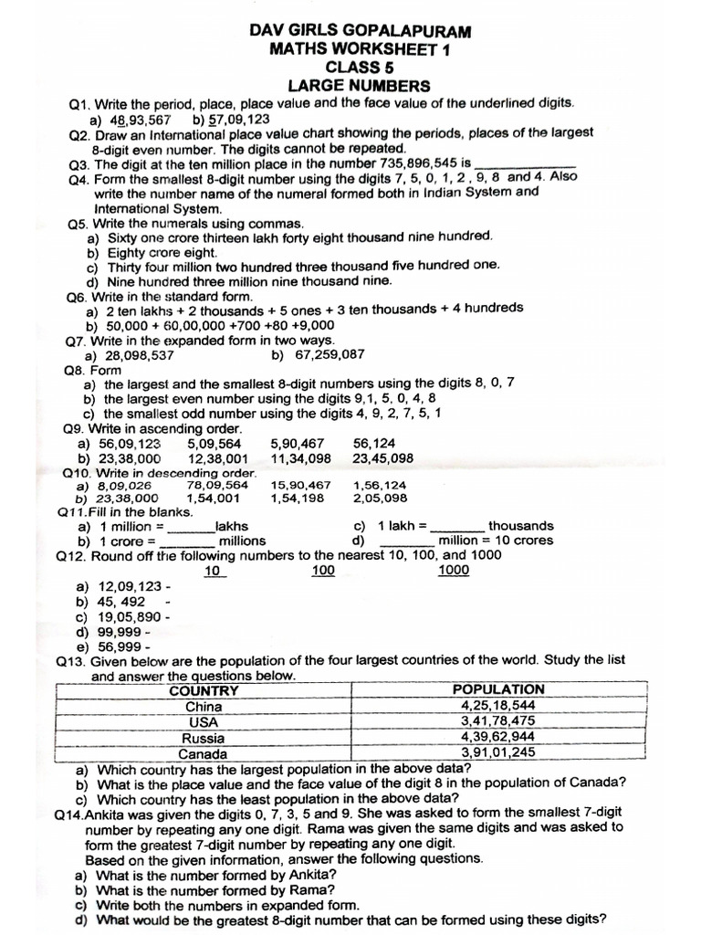 Dav Girls Math Large Numbers Worksheet | PDF