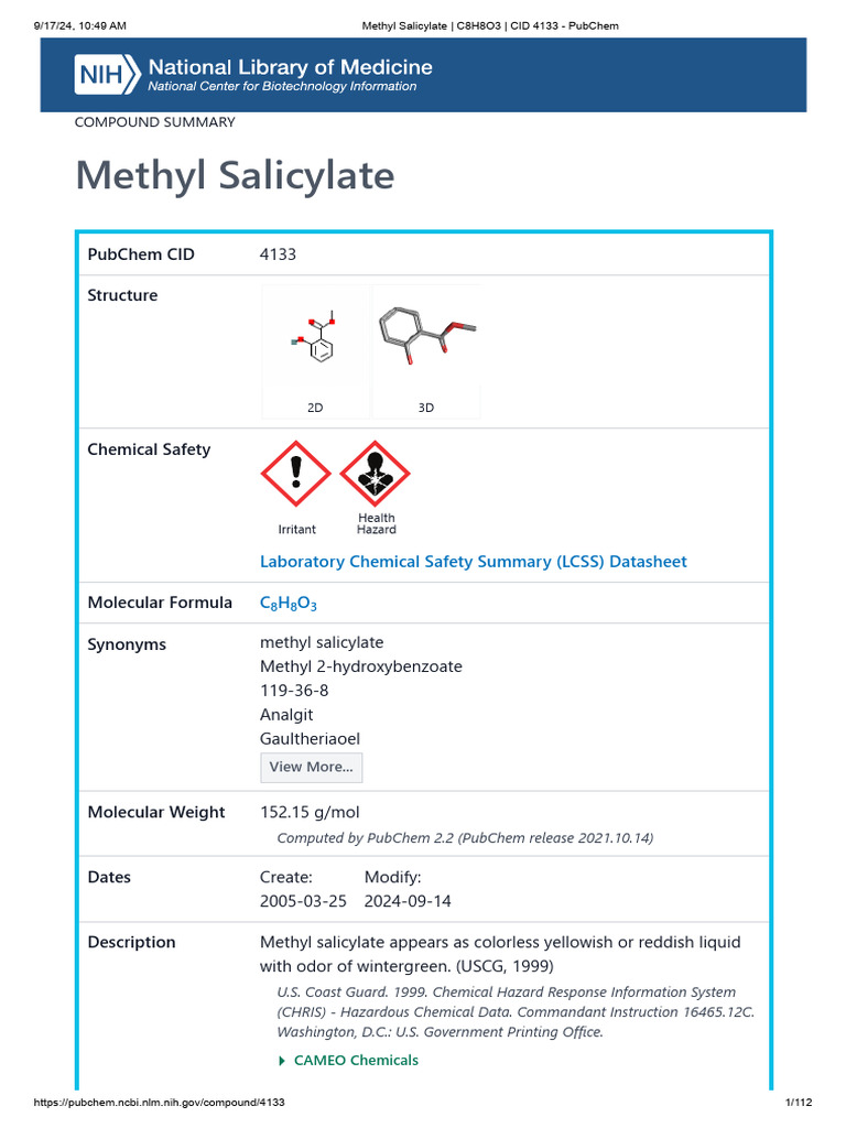 Methyl Salicylate: Properties and Uses | PDF | Chemistry