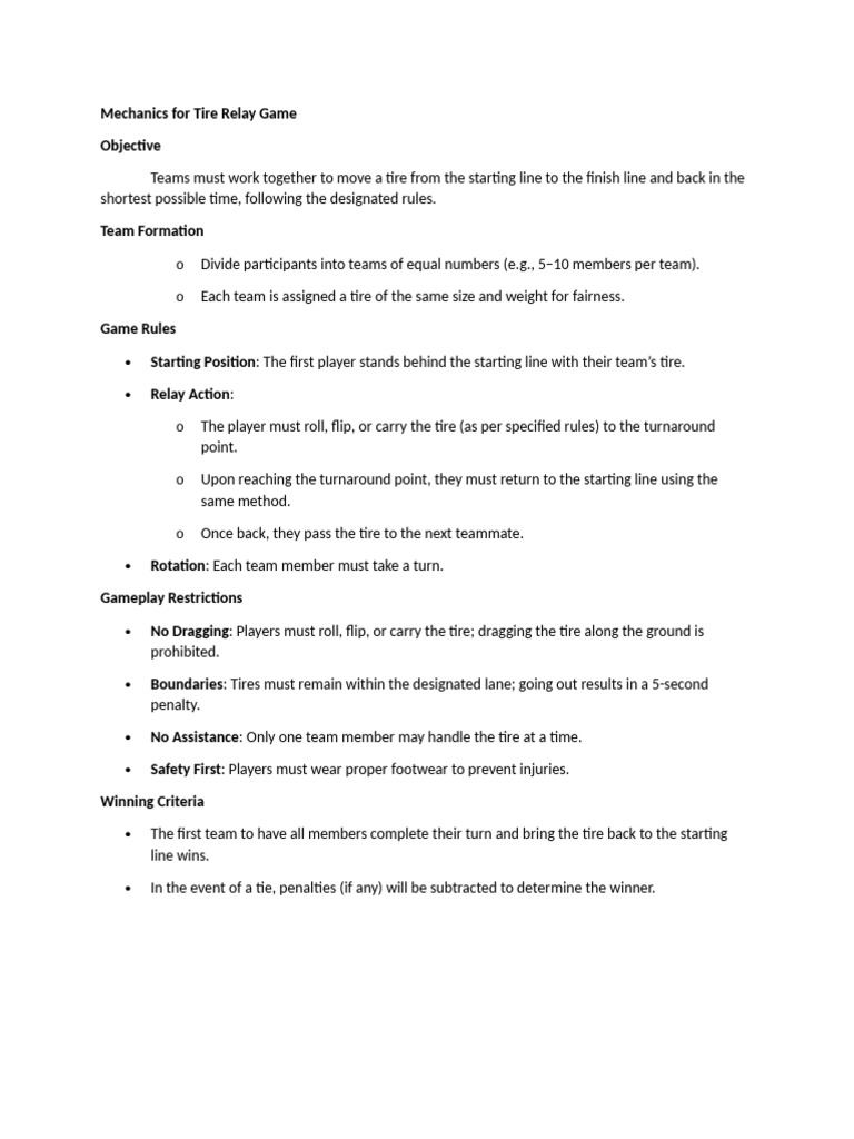Tire Relay Game Mechanics Guide | PDF