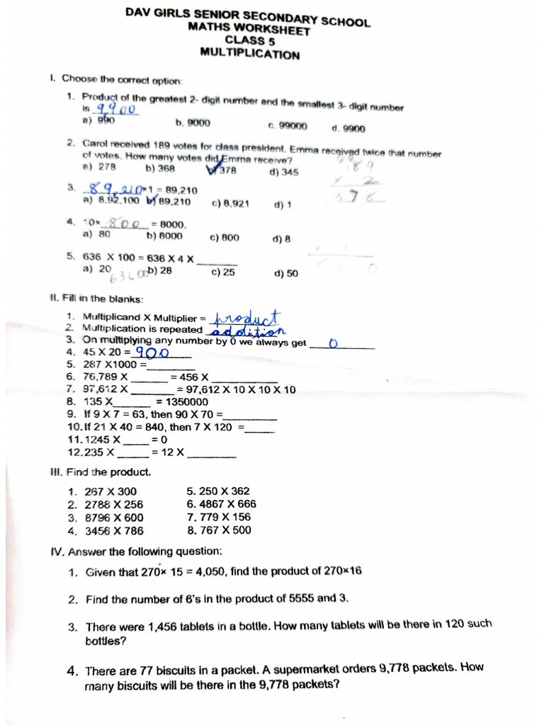 Dav Girls Math Multiplication Worksheet | PDF