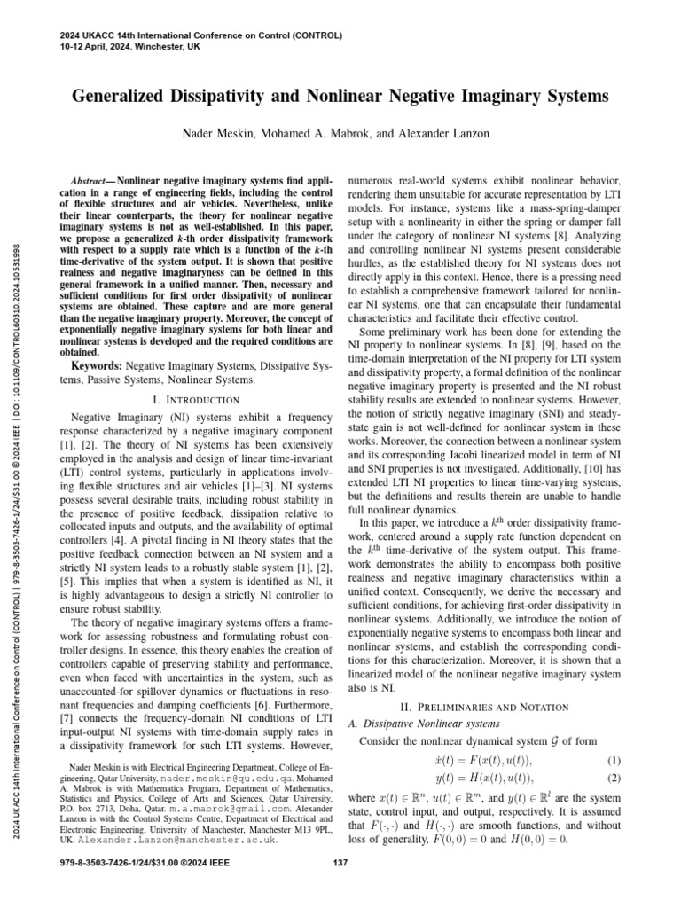 Generalized Dissipativity and Nonlinear Negative Imaginary Systems | PDF | Stability Theory ...