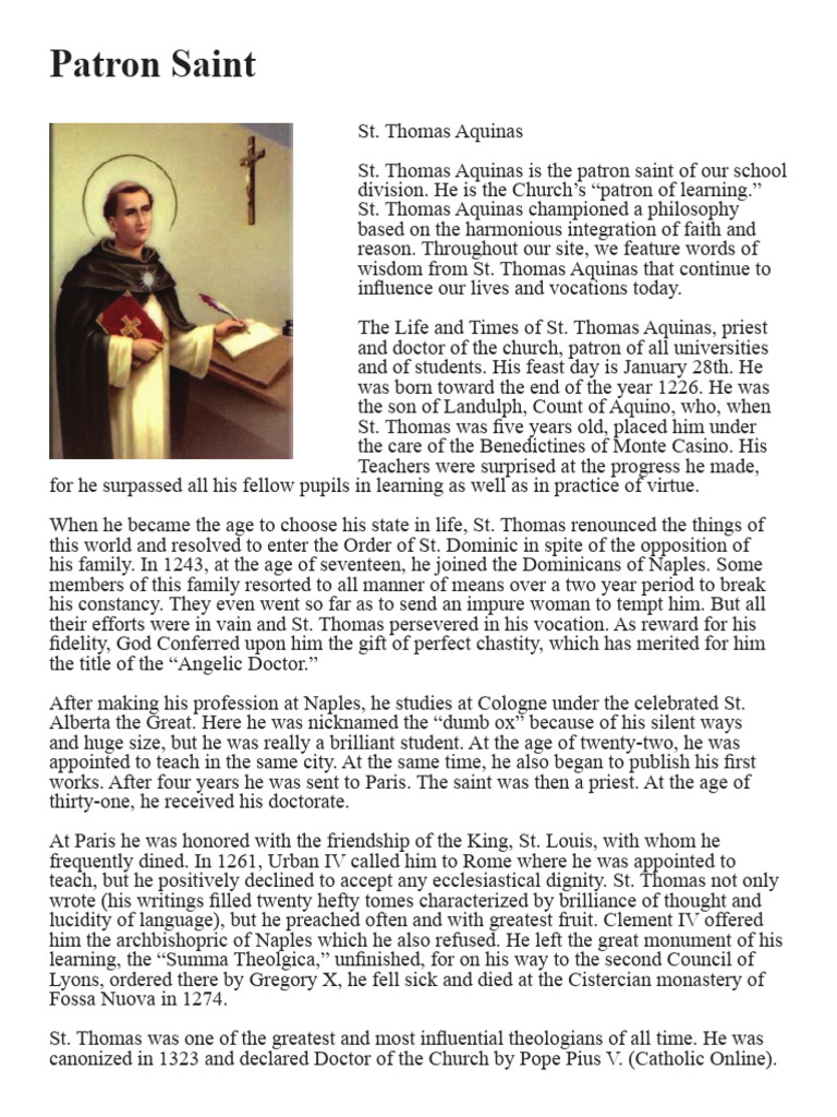 St. Thomas Aquinas: Patron of Learning | PDF | Thomas Aquinas ...