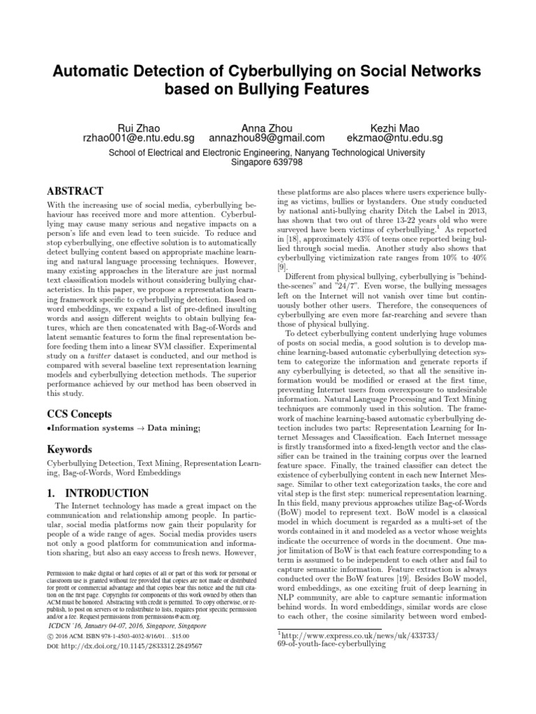 Automatic Detection of Cyberbullying On Social Networks Based On Bullying Features | PDF ...
