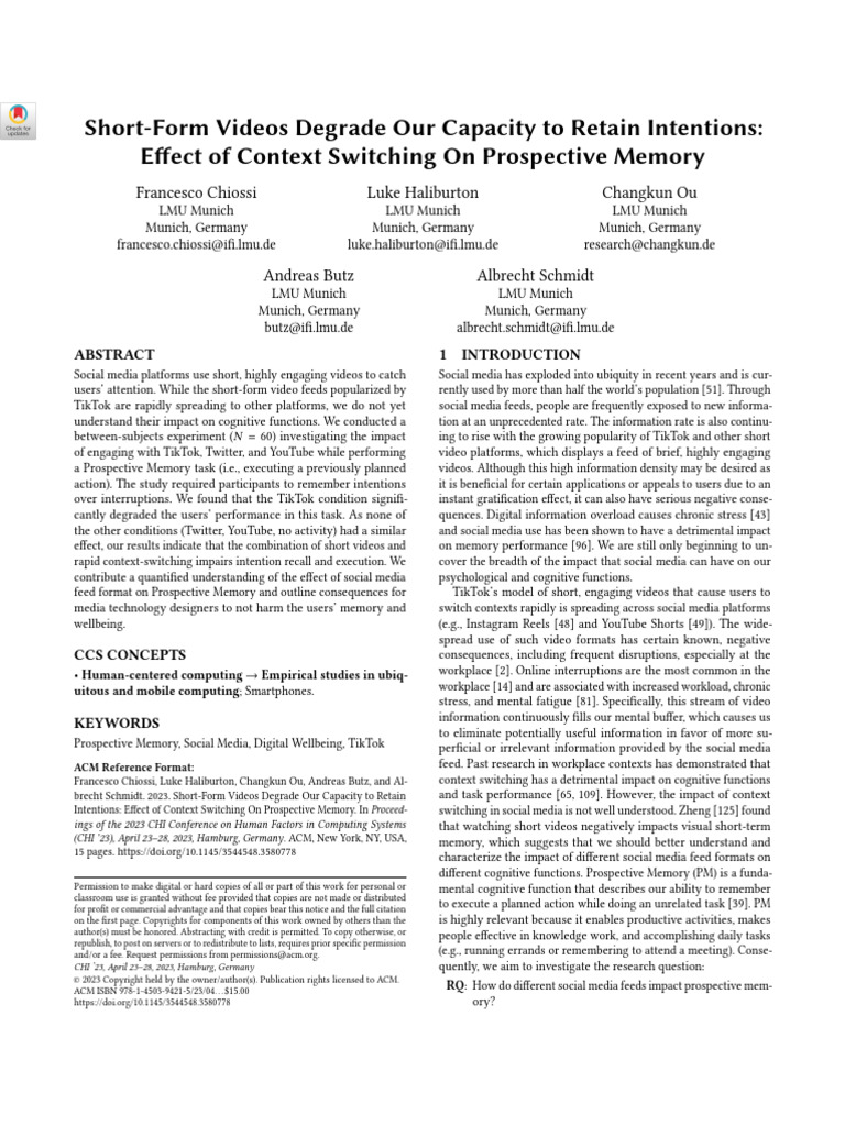 Short-Form Videos Degrade Our Capacity To Retain Intentions | PDF ...