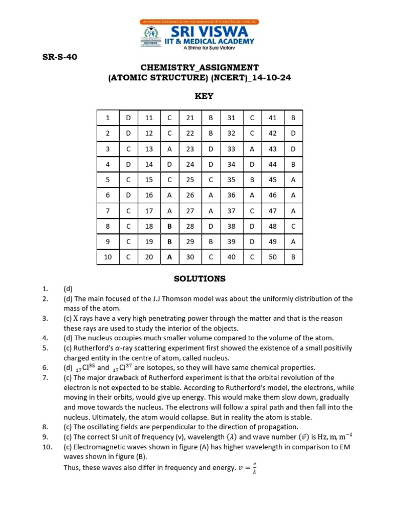 SR (S-40) - Che - (Ncert) Atomic Structure - 14-10-24 - (Key) | PDF
