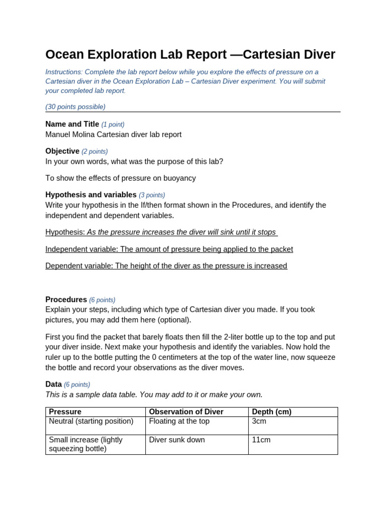 Cartesian Diver Lab Report | PDF | Underwater Diving | Buoyancy
