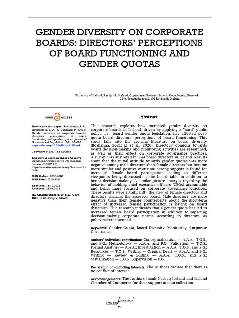 Gender Diversity On Corporate Boards Directors Pe | PDF | Board Of Directors | Gender