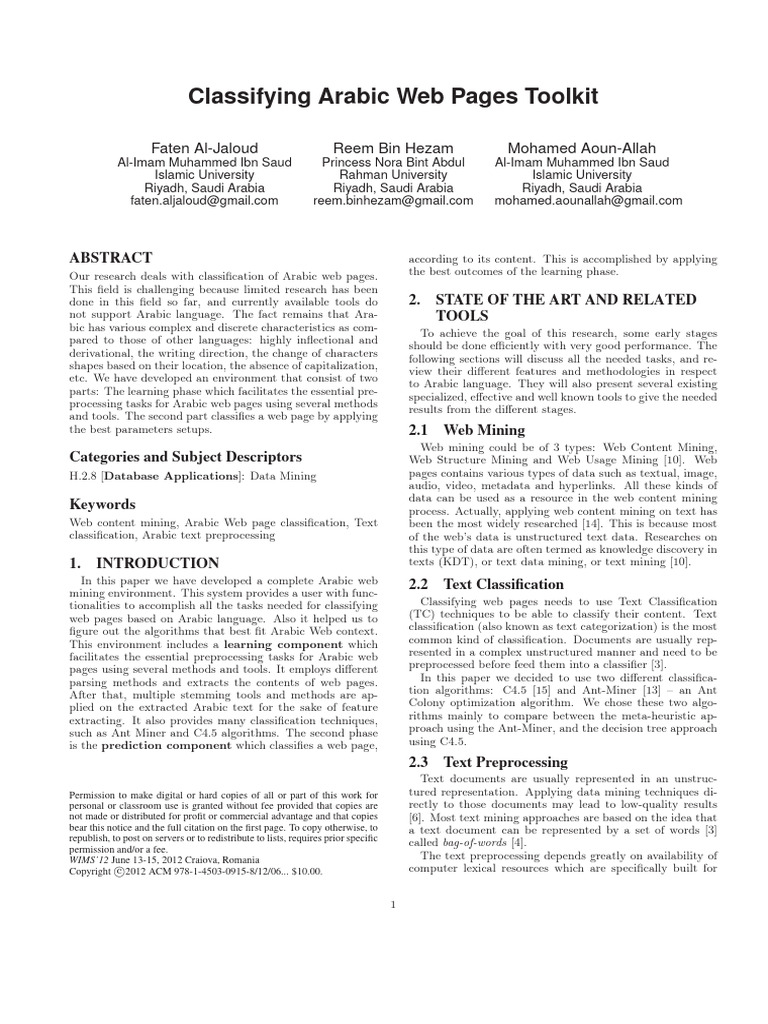 Classifying Arabic Web Pages Toolkit | PDF | Part Of Speech | World Wide Web