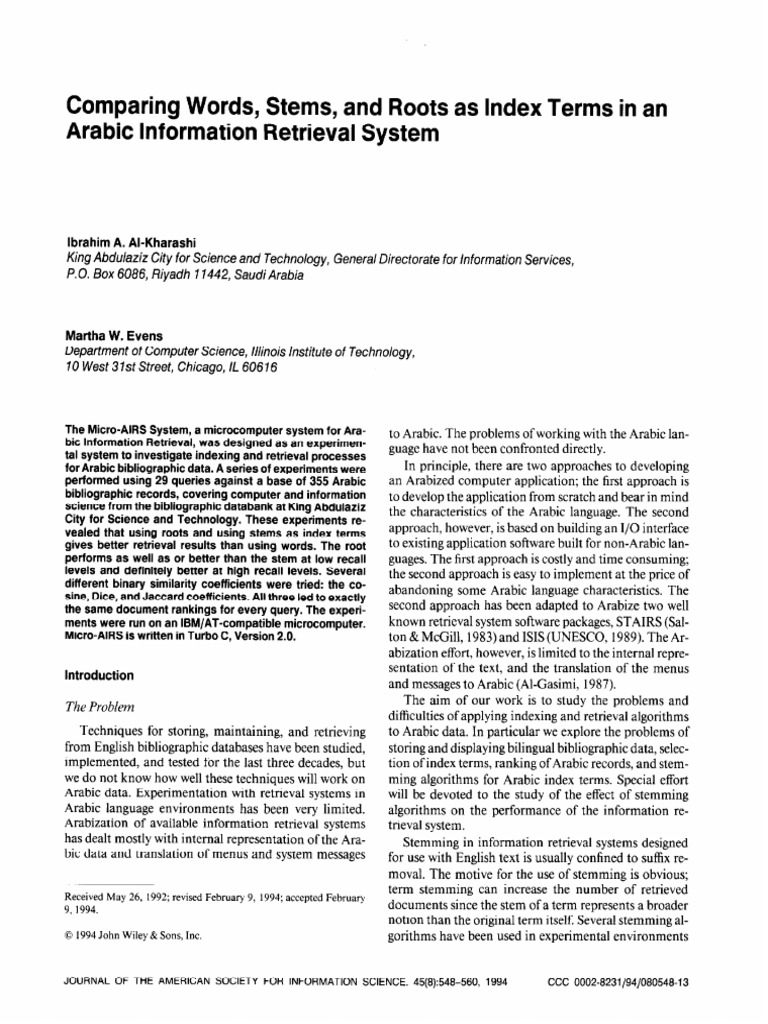 Arabic Retrieval: Roots vs. Stems | PDF | Information Retrieval | Menu (Computing)
