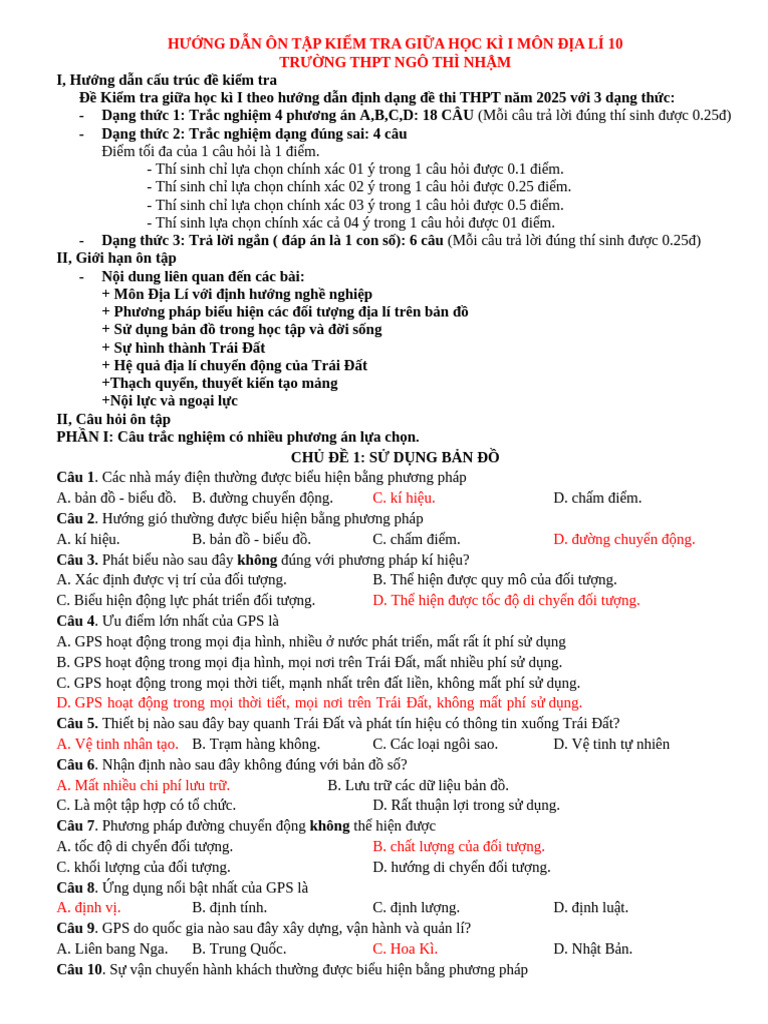 Hướng Dẫn Ôn Thi Gki Địa Lí 10 Có Đáp Án | PDF