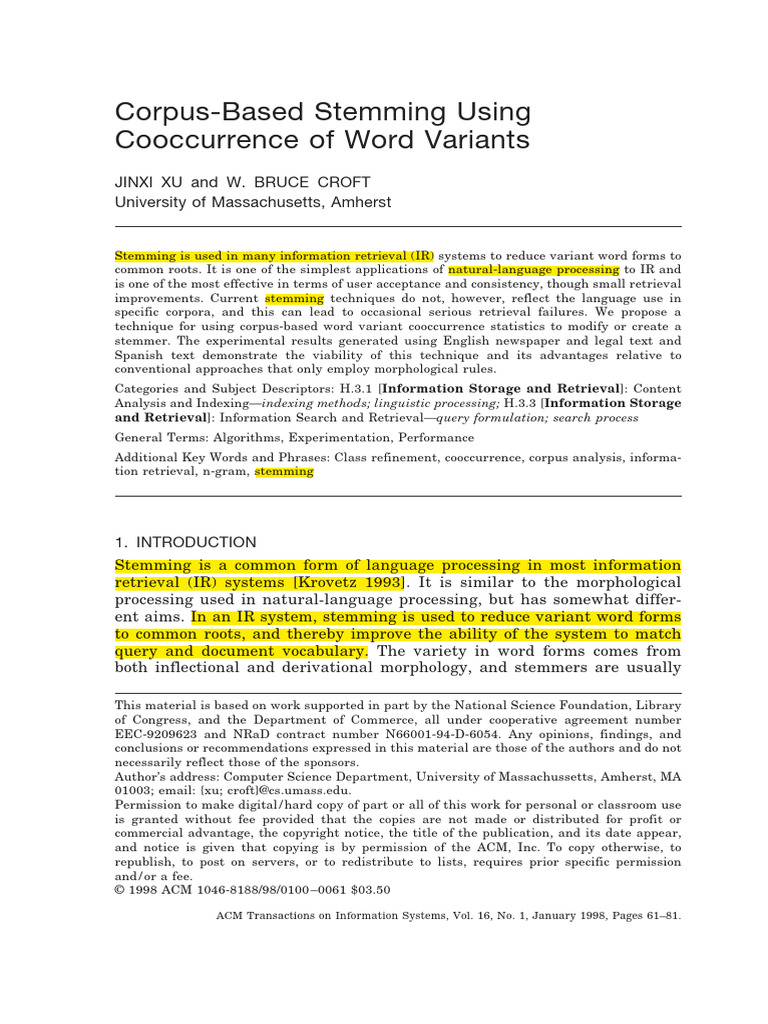 Corpus-Based Stemming Using Cooccurrence of Word Variants | PDF ...