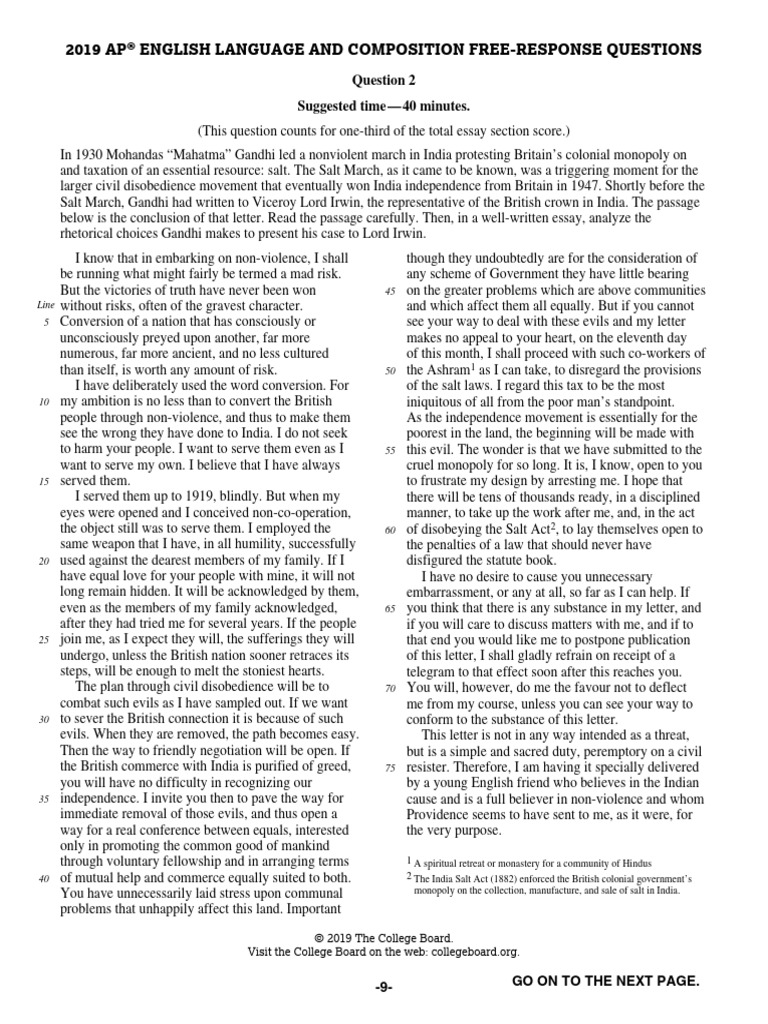 AP Lang FRQ 2 Prompts 2005 2019 | PDF | Nonviolence | Mahatma Gandhi