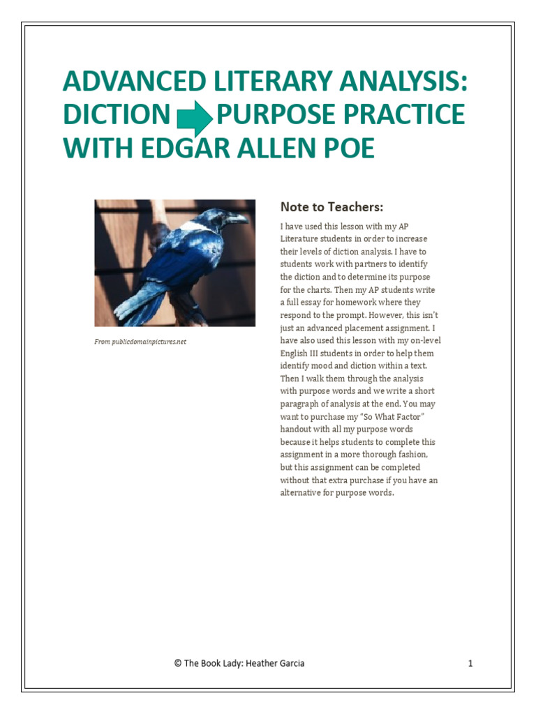 Advanced Literary Analysis: Diction Purpose Practice With Edgar Allen ...