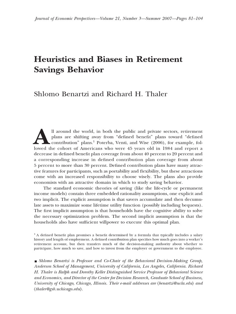 Benartzi Thaler 2007 Heuristics and Biases in Retirement Savings Behavior | PDF | Retirement ...