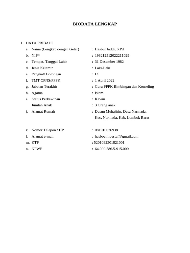 Biodata Lengkap Hasbul Jaddi, S.Pd | PDF