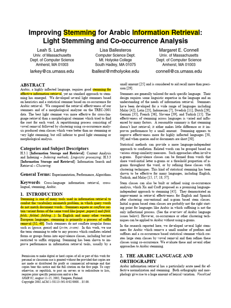 Improving Stemming For Arabic Information Retrieval Light Stemming And Co Occurrence Analysis