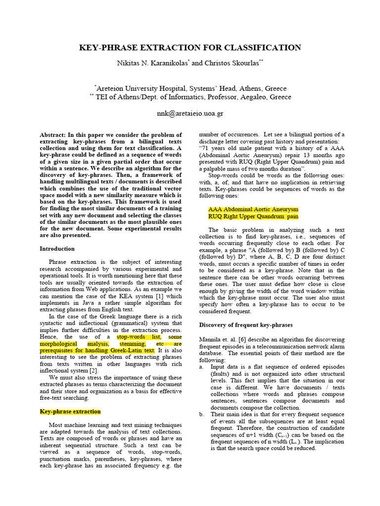 Key-Phrase Extraction For Classification | PDF | Statistical ...