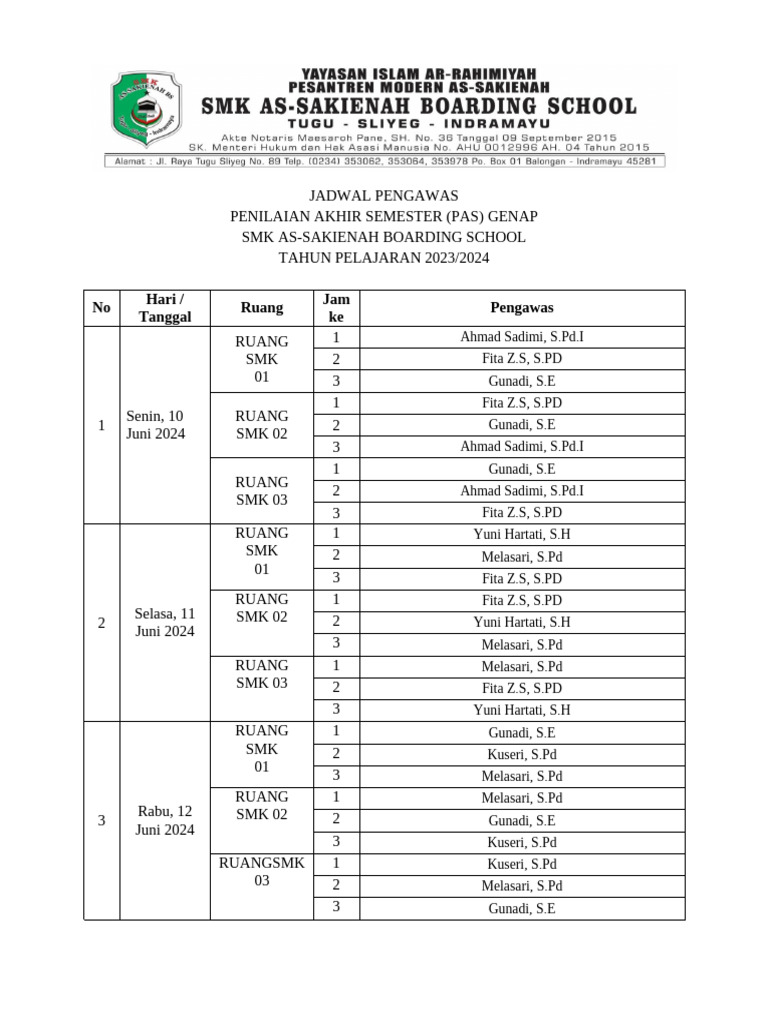 Jadwal Pengawas Pas Genap 2024 | PDF