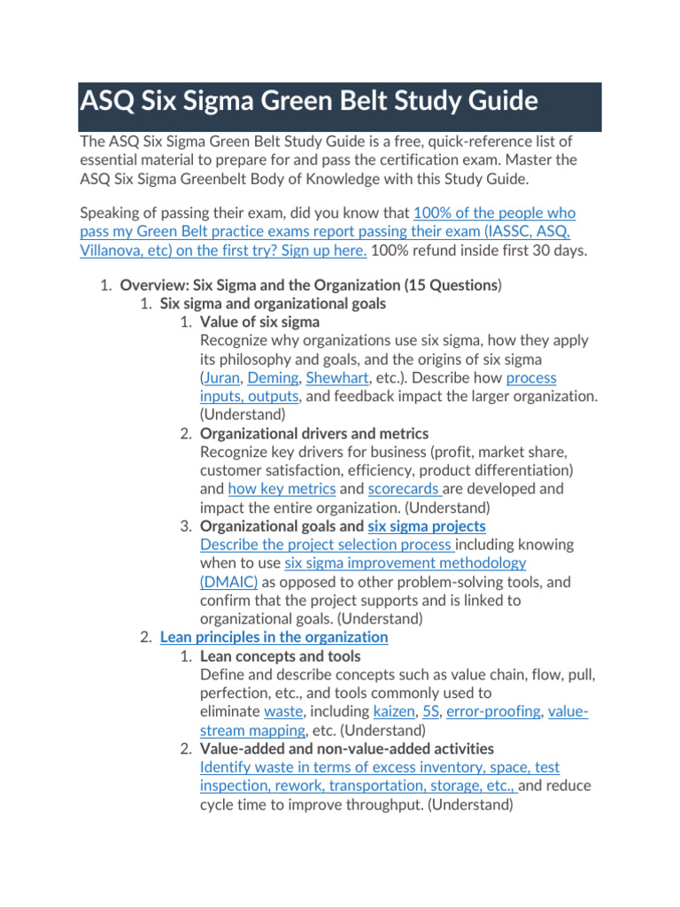 ASQ Six Sigma Green Belt Study Guide | PDF | Statistics | Analysis Of ...