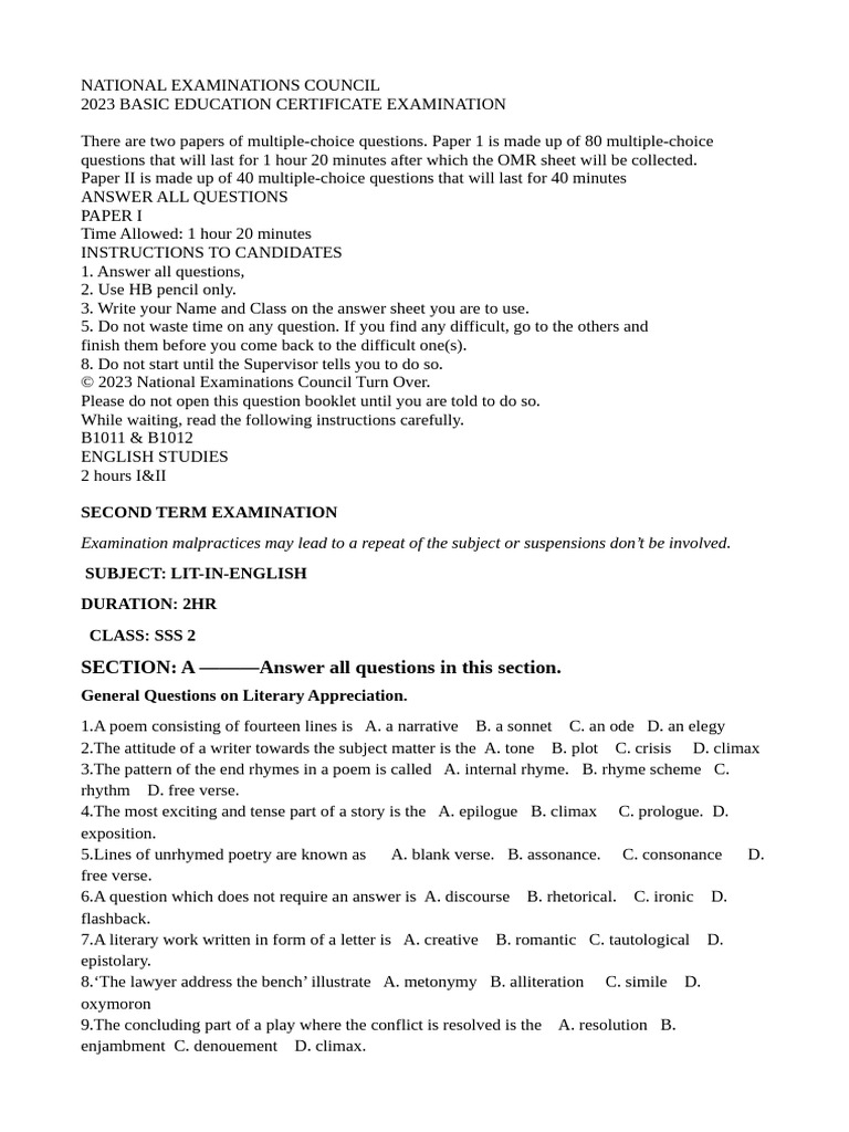 SS2 Literature Exam Questions & Answers | PDF | Poetry | Othello