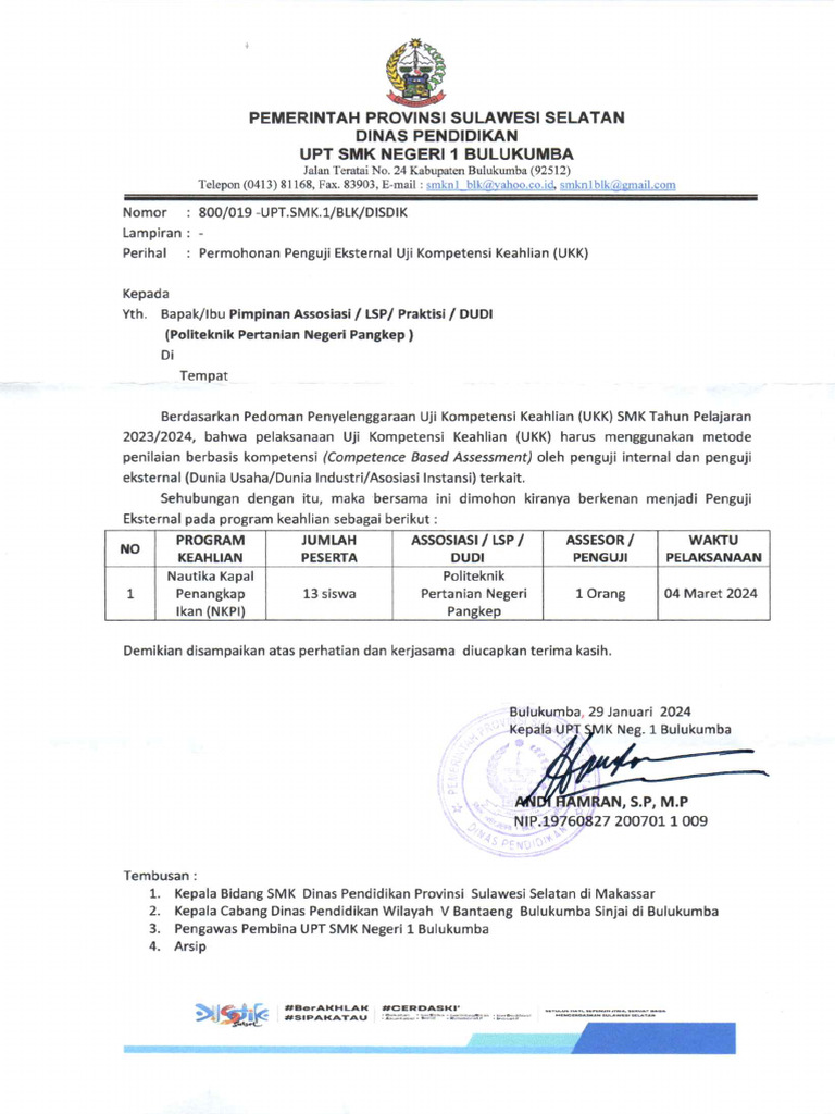 Surat Permohonan Penguji Eksternal UKK NKPI 2024 SMKN1BLK | PDF