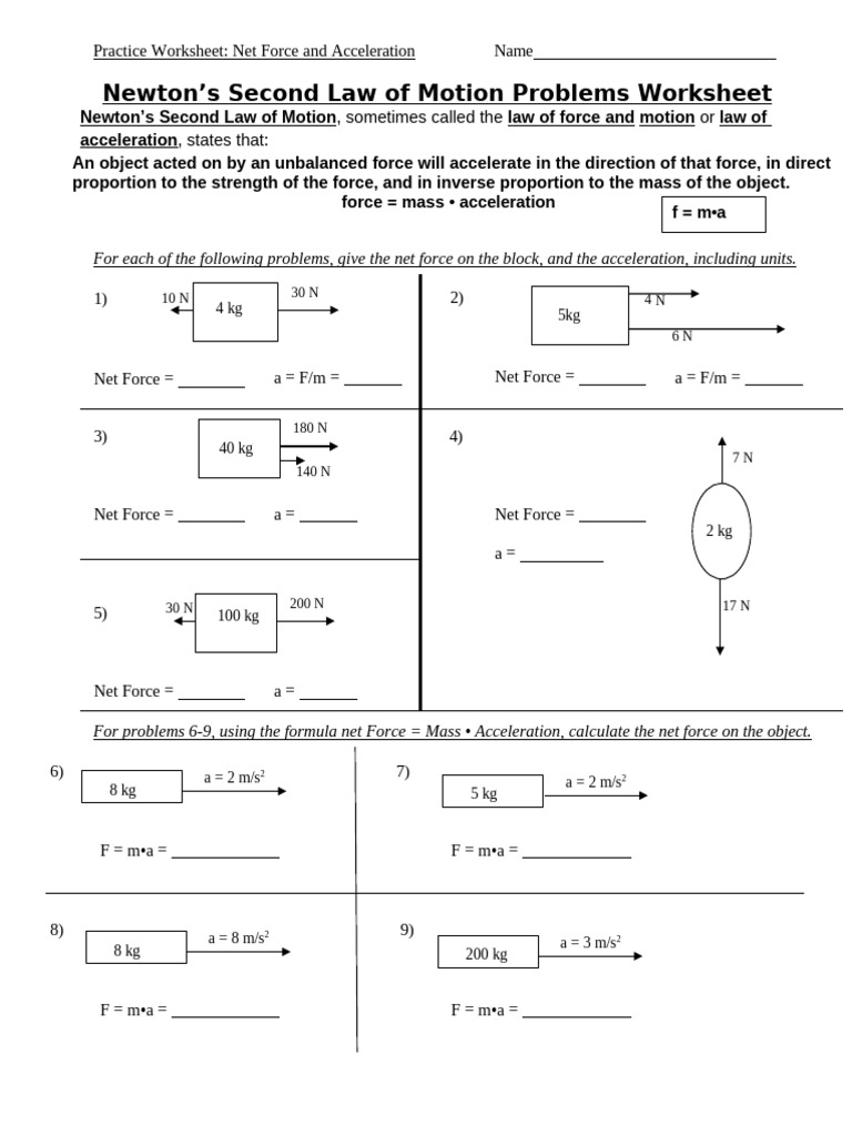 Net - Force - and - Acceleration - worksheetNEWTON'S SECOND LAW | PDF ...