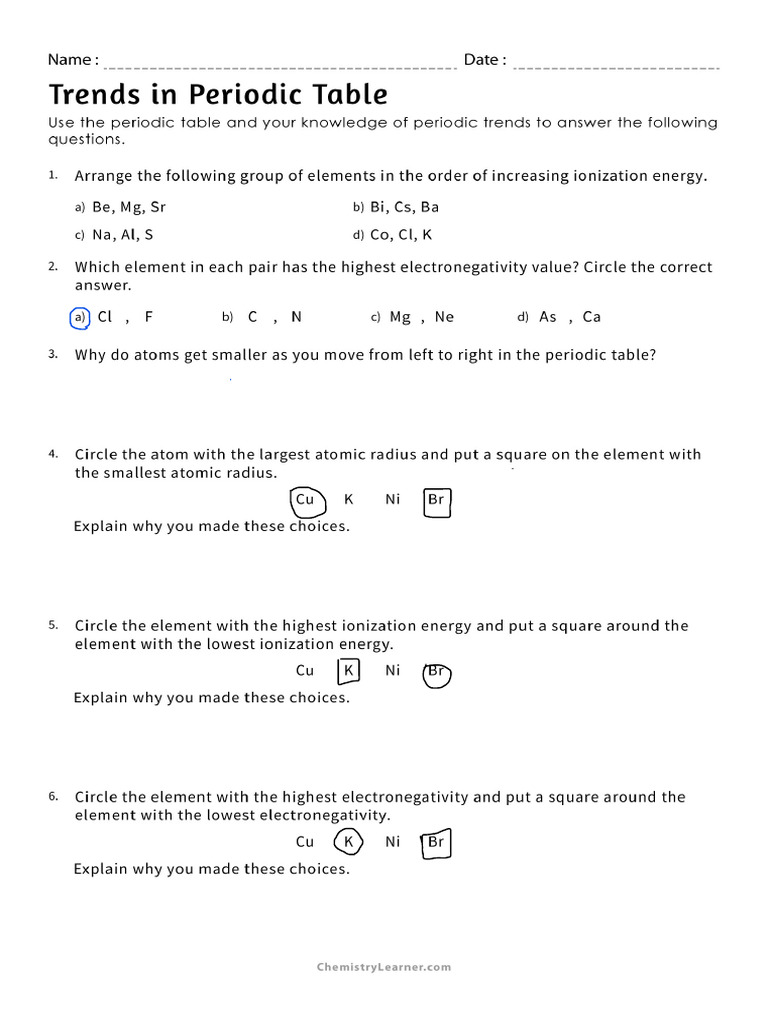 Periodic Table Trend Worksheet 1 | PDF