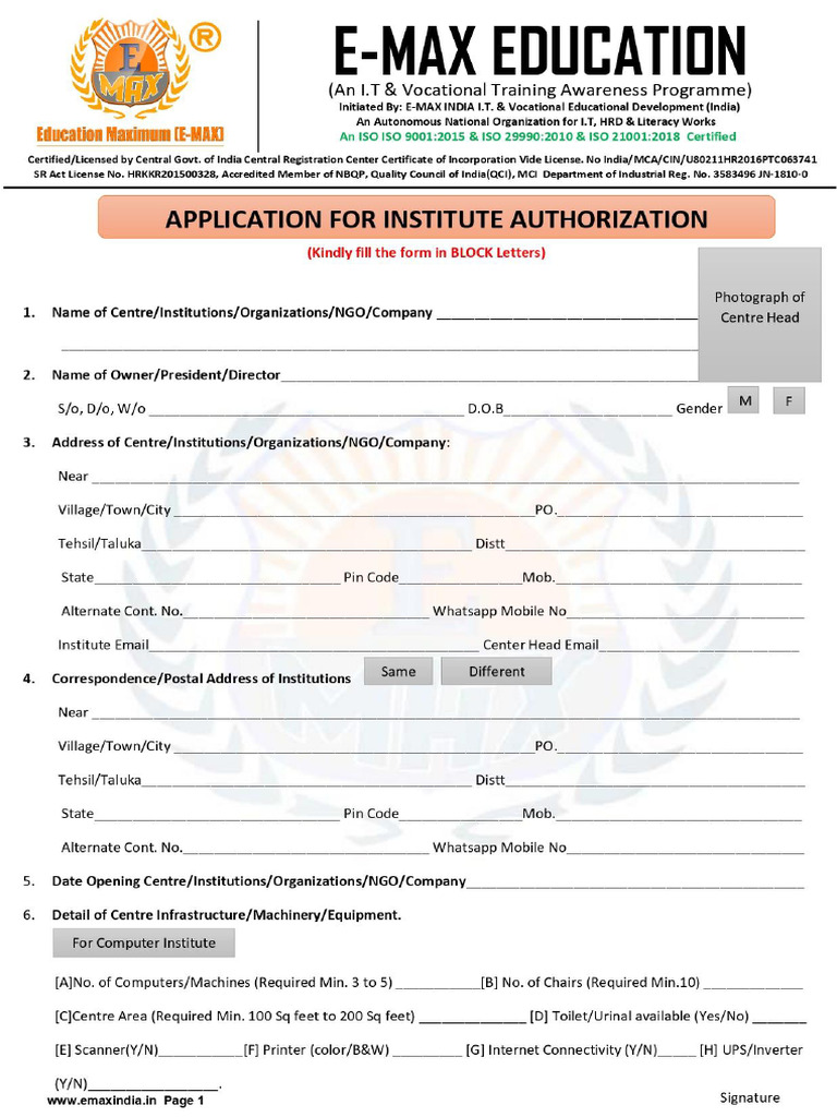 Institute Registration Form | PDF