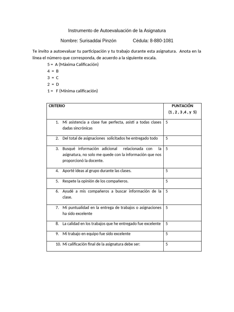 AUTOEVALUACION | PDF | Crecimiento personal y profesional