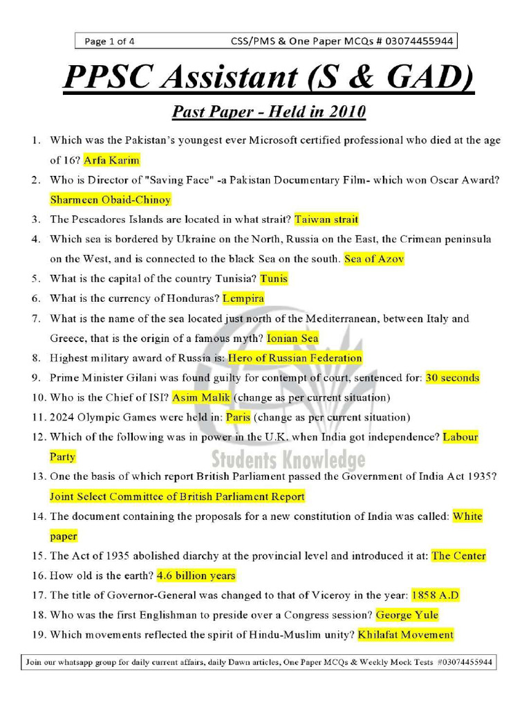 PPSC Assistants (BS-16) S&GAD- Solved Past Paper | PDF PPSC Assistants (BS-16) S&GAD- Solved Past Paper | PDF