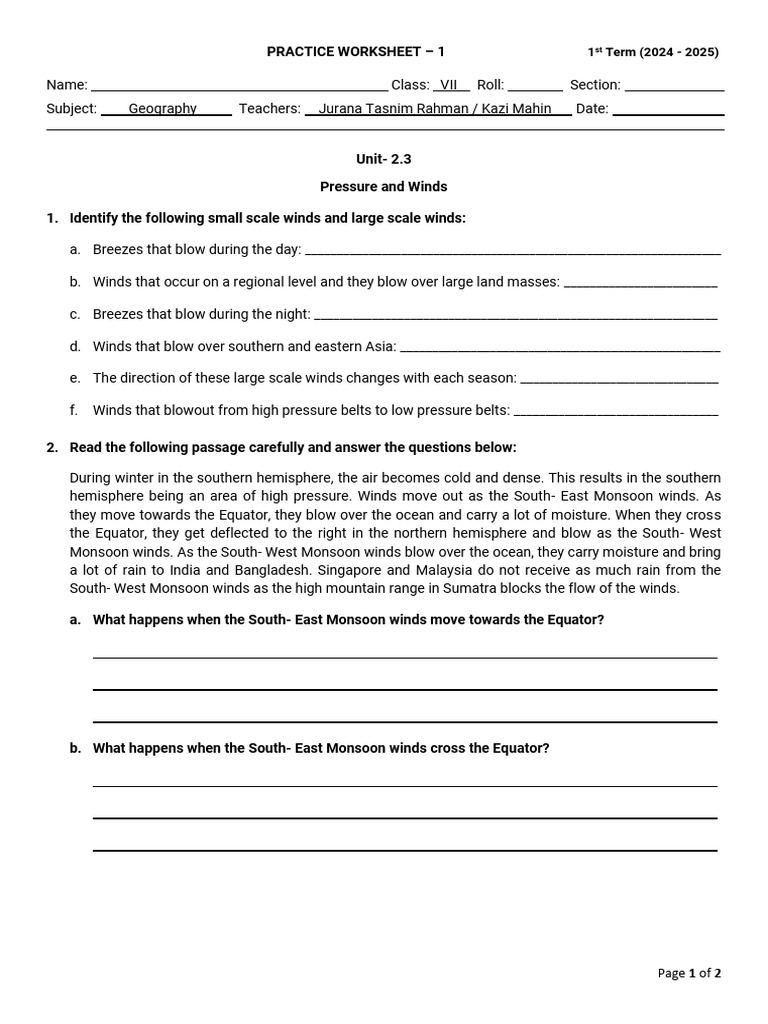 VII Geography PWS 1 | PDF | Wound | Monsoon