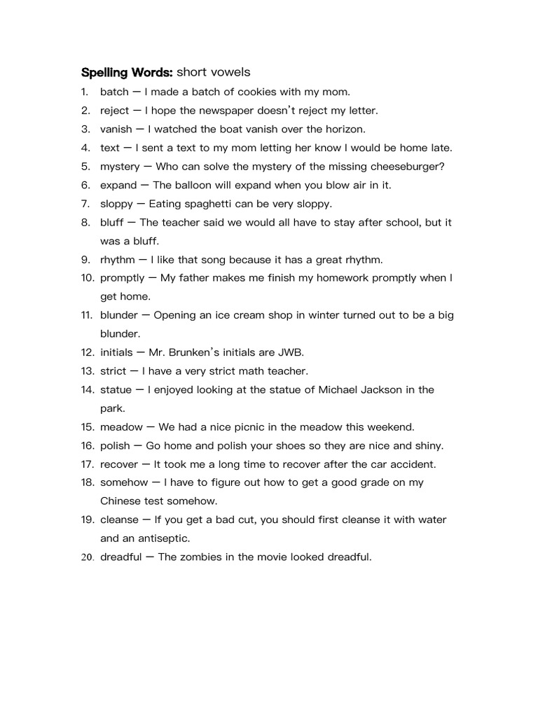 Spelling Words - Grade 6 - Lesson 2 - The School Story | PDF