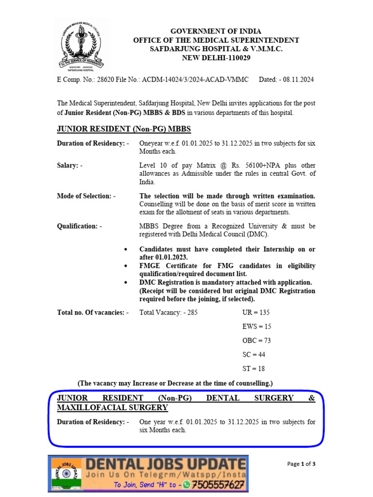 Junior - Resident VMMC 24 DentalJobsUpdate | PDF | Dental Degree | Magistrate